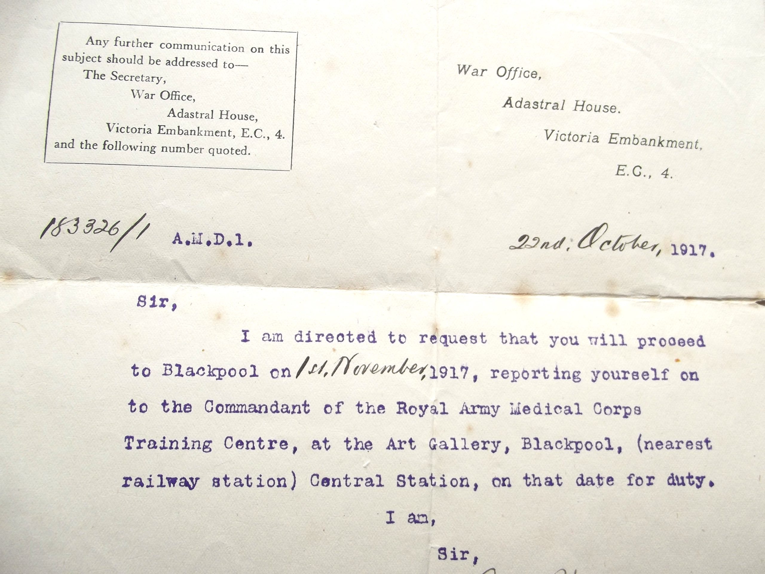WW1 LETTER R.A.M.C FOR SERVICE OCTOBER 1917 - DBG Militaria